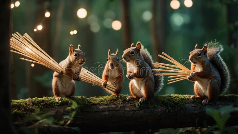 Adorable Red Squirrels Teamwork in Forest with Sticks Stock ...