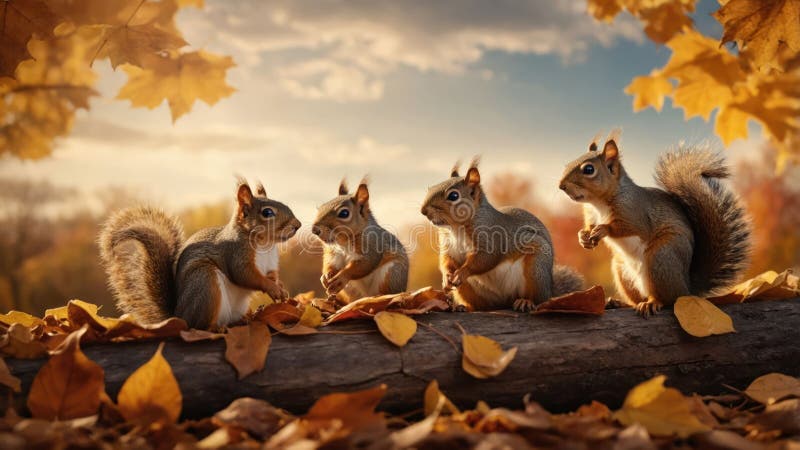 Adorable Squirrel Trio in Autumnal Setting Stock Illustration ...