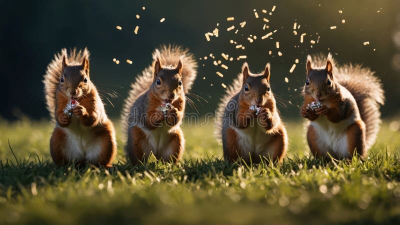 Four Red Squirrels Enjoying a Snack in Sunlight Stock Illustration ...