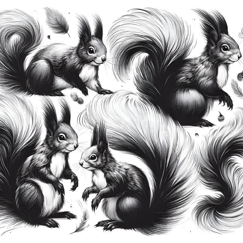 Four Squirrels Standing Around, One with Its Tail Extended, and the ...
