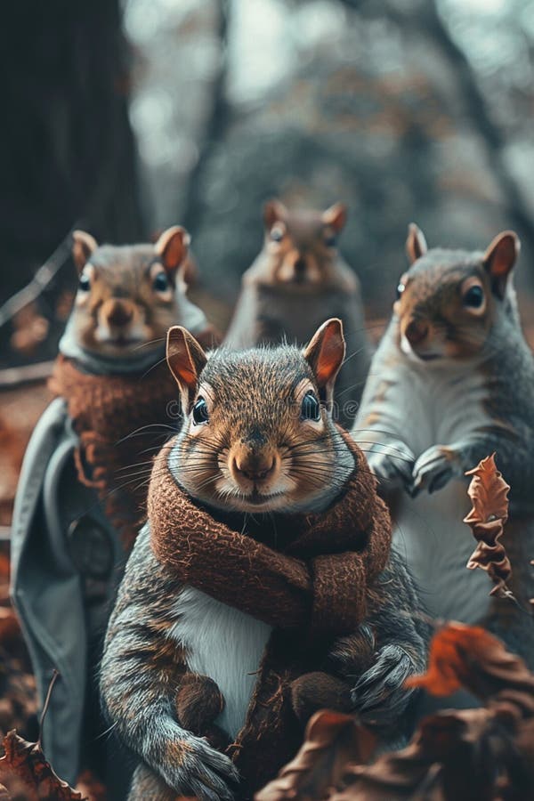 Four Squirrels that are Standing in the Leaves Stock Illustration ...