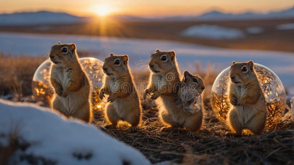 Four Adorable Squirrels at Sunset with Festive Ornaments Stock ...