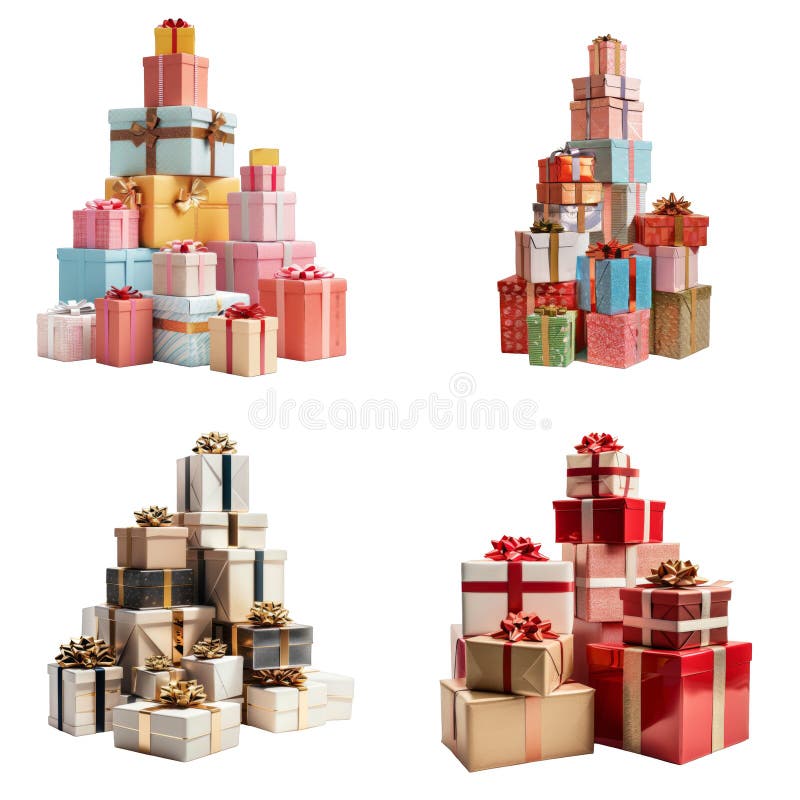 Four Stacks of Colorfully Wrapped Gift Boxes with Ribbons Stock Photo ...