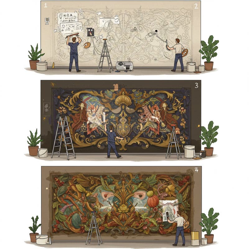 Four Stages of a Mural Painting Process Depicted in a Series of ...