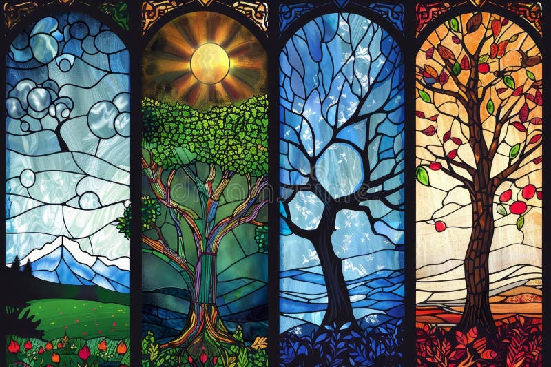 Four Stained Glass Windows Depicting the Four Seasons Stock Image ...