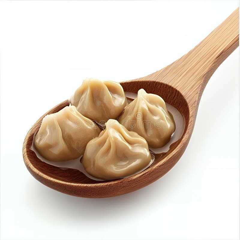 Four Steamed Dumplings in a Wooden Spoon Stock Illustration ...