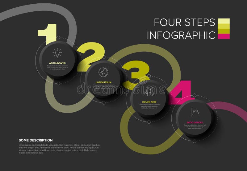 Four Steps Diagonal Dark Infographic Design with Circular Elements, Big ...
