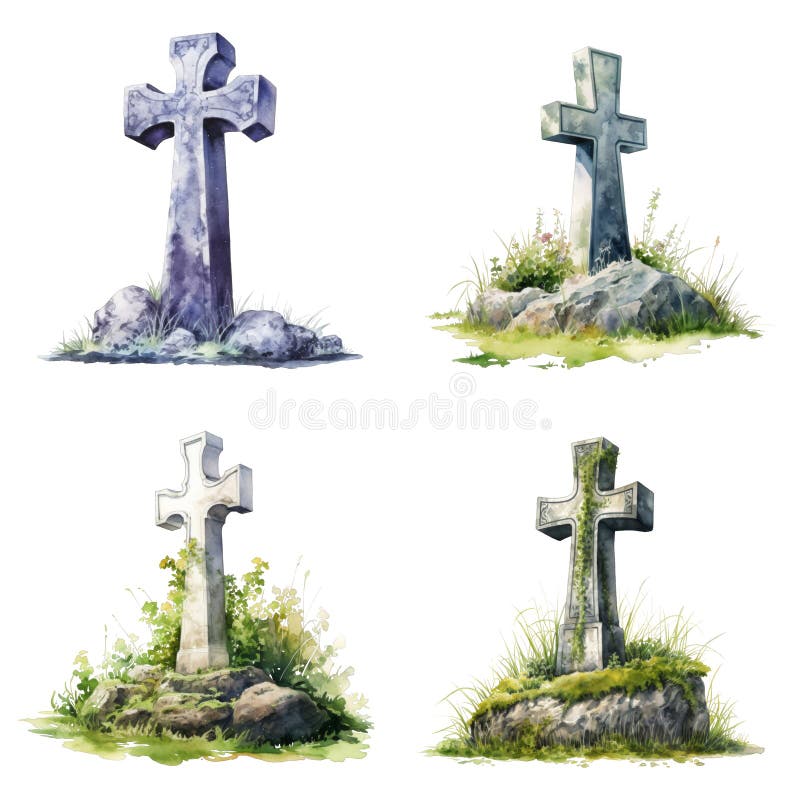Four Stone Crosses on Rocks and Grass Stock Illustration - Illustration ...