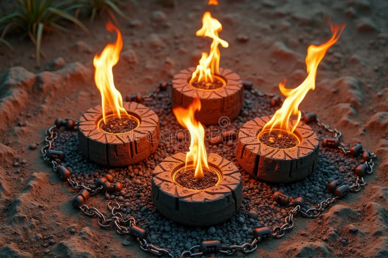 Four Stone Fire Pits with Burning Flames on Pebbled Ground Stock Photo ...