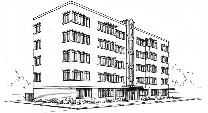 Four-story Building with a Rectilinear Design, Featuring Large ...