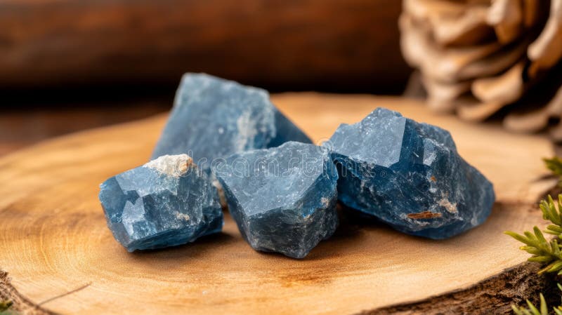 Vivid Blue Apatite Crystals Displayed on a Wooden Surface Surrounded by ...