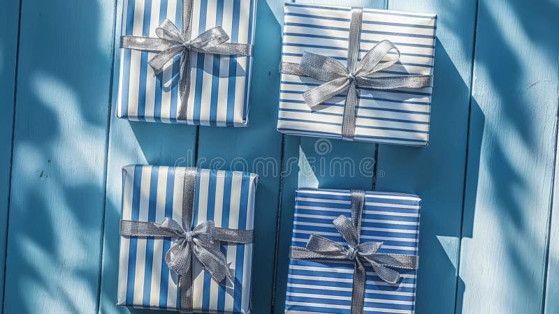 Four Striped Gift Boxes on a Blue Wooden Background Stock Footage ...