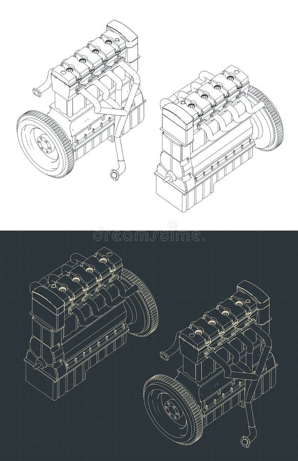 Four-stroke Car Engine Isometric Blueprints Stock Vector - Illustration ...