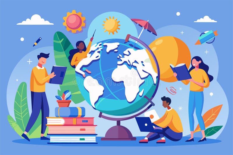 Four Students are Actively Studying Science Using Books and a Globe in ...