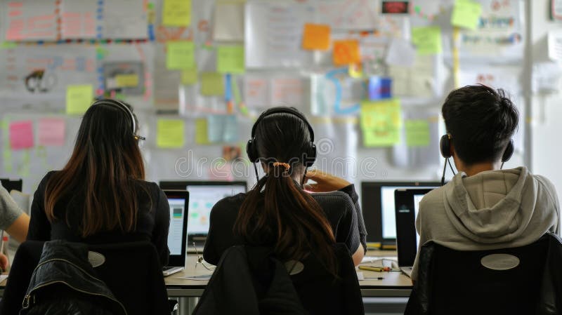 Four Students All Facing Away from the Camera Intently Typing on ...