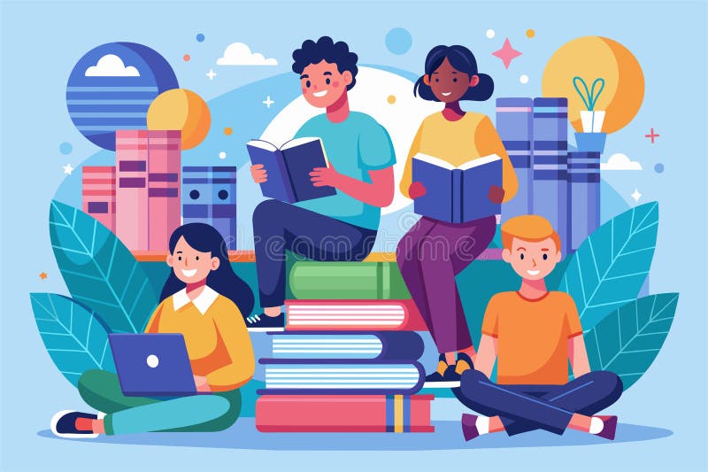 Four Students Engage in Reading Books and Using Laptops in a Lively ...