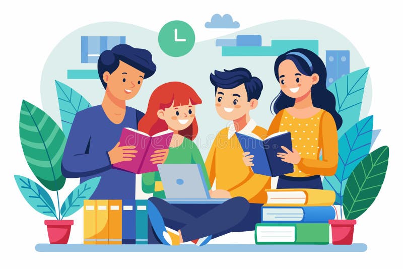 Four Students Participate in a Group Study Session, Sharing Books and ...