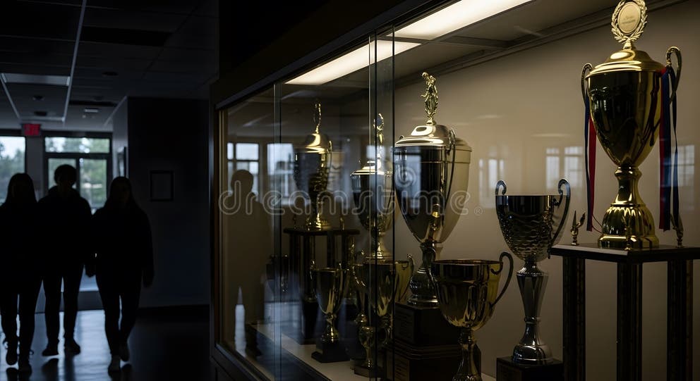Students Walk Past a Trophy Display in a Dark School Hallway, with ...