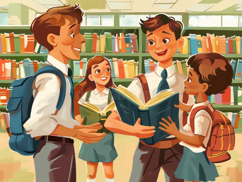 Four Students Talking and Reading Books in a Library Setting Stock ...