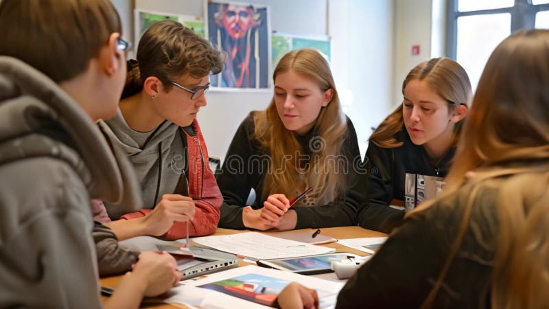 Four Students Work Together on a Group Project in a Classroom ...