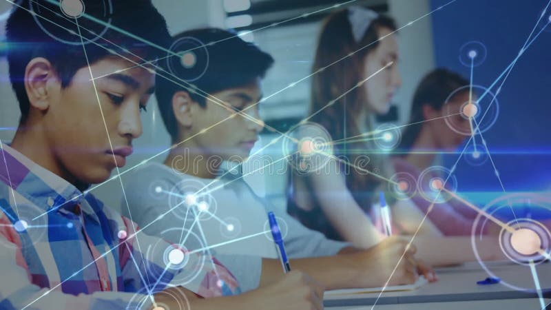 Four Students Writing on Classroom Desks, Showing Education Network ...