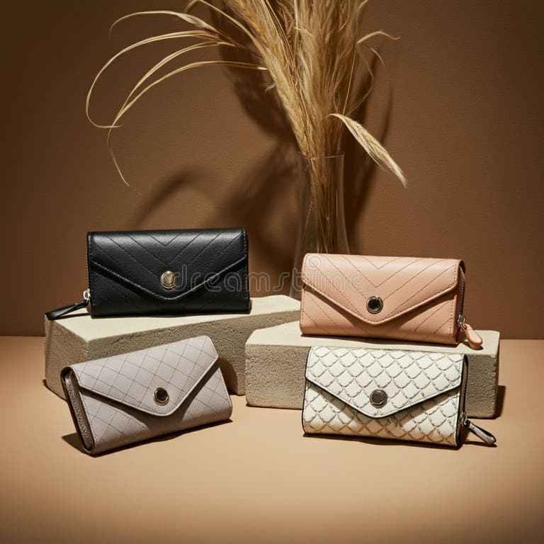 Four Stylish Leather Wallets are Displayed on Textured Beige Blocks ...