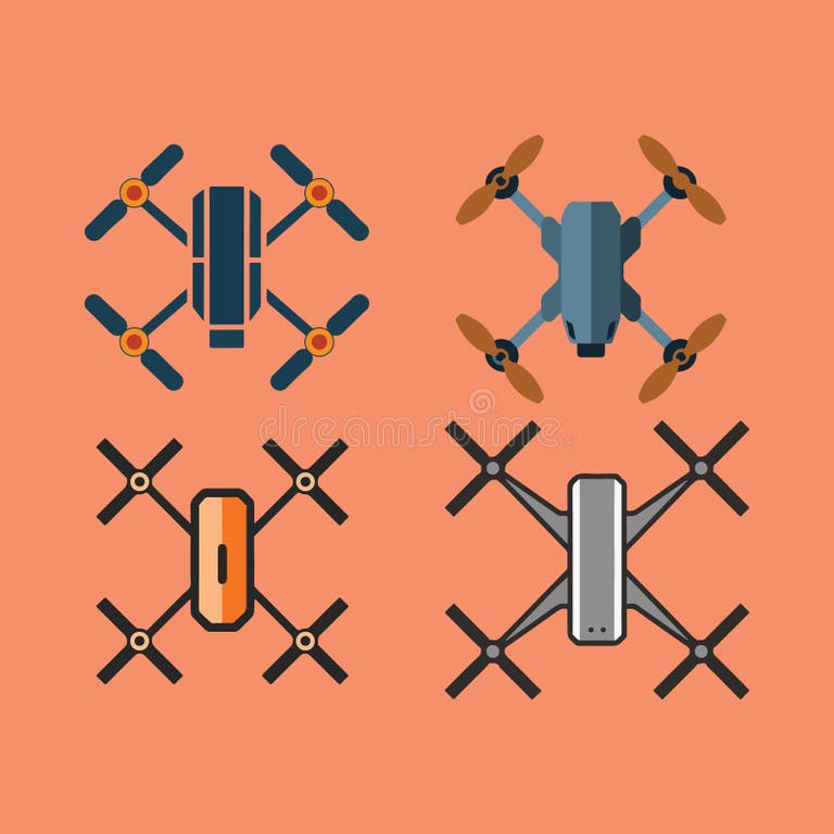 Four Stylized Drones in Various Colors and Designs Quadcopter Aerial ...