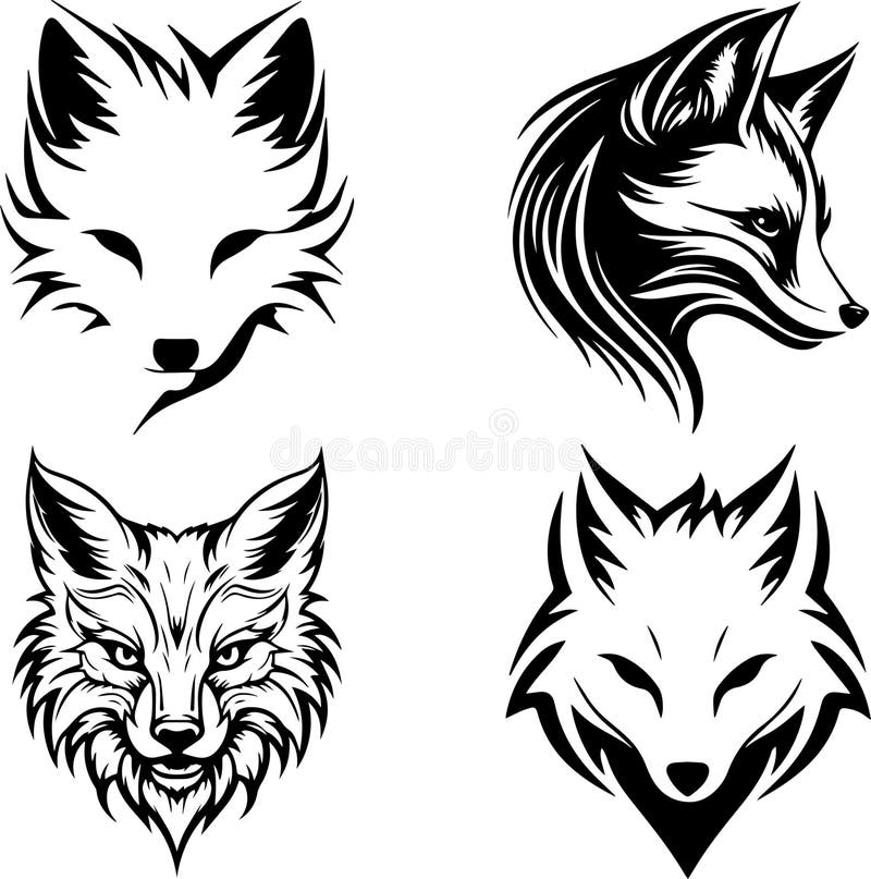 Four Stylized Fox Vector in Black and White. Stock Vector ...