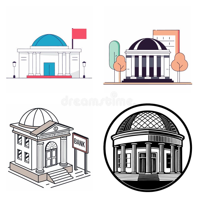 Four Stylized Illustrations of Banks with Architectural Designs and ...