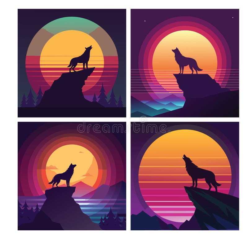 Four Wolves Howling at the Sunset, Retro-Inspired Landscapes Stock ...