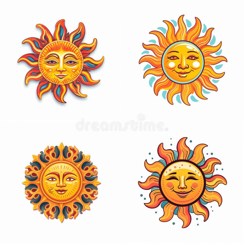 Four Suns with Smiling Faces Stock Illustration - Illustration of shape ...