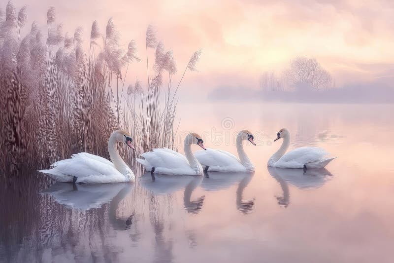 Four Swans Gracefully Glide Across a Misty Lake at Dawn Stock ...