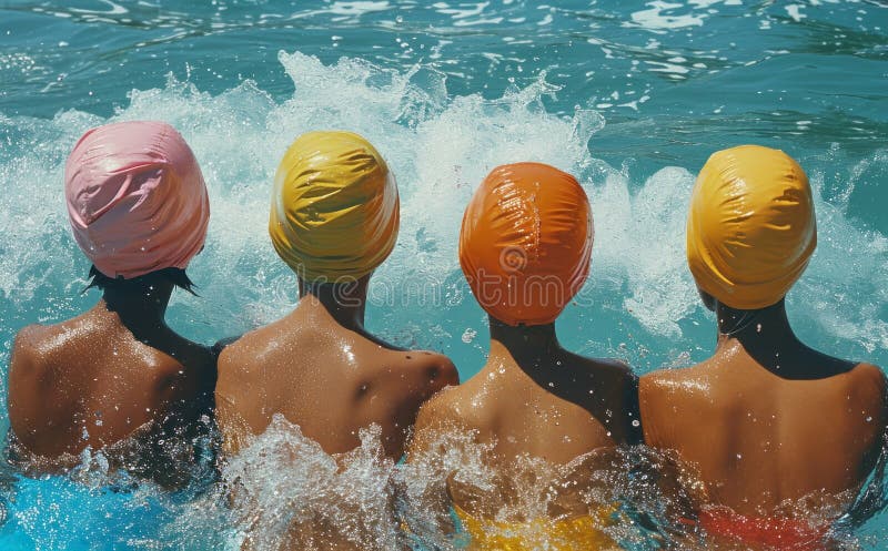 Four Swimmers in Colorful Caps Create a Dynamic Splash in the Pool ...