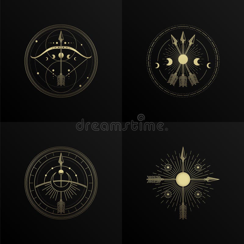 Four Symbols Arrow and Bow with Engraving Style Stock Vector ...