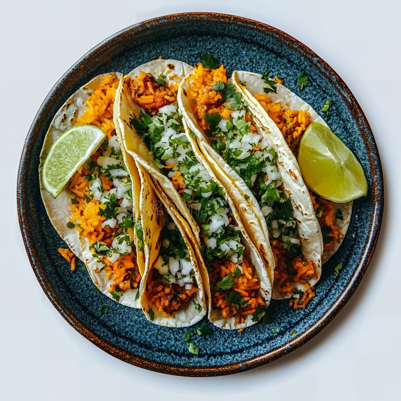 Four Tacos on a Blue Plate with Lime Wedges Stock Illustration ...