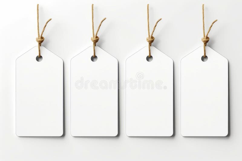 Four Tags with Rope Hanging from Them on White Wall. Generative AI ...