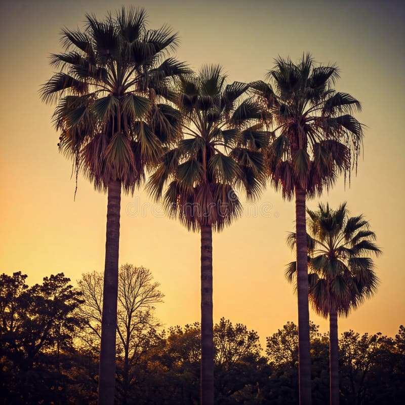 Four Tall and Graceful Palm Trees with Their Branches and Leaves Draped ...