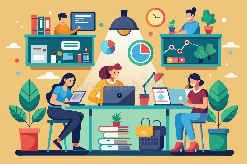 Four Team Members Engage in Productive Tasks Using Devices in a Vibrant and Organized Workspace ...
