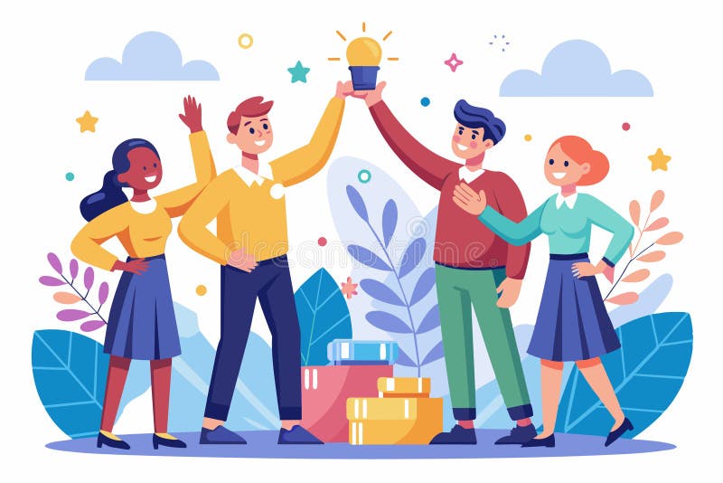 Four Team Members Joyfully Engage in a High Five, Showcasing Their ...