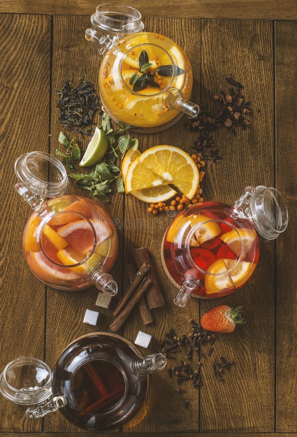Teapots with Different Fruit Teas on the Table Stock Image - Image of ...