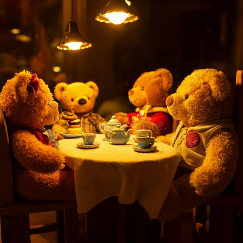 Four Teddy Bears Seated Around a Small Table Set for Tea, Under Warm ...