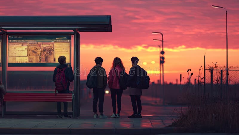 Sunset Bus Stop stock illustration. Illustration of orange - 385581845