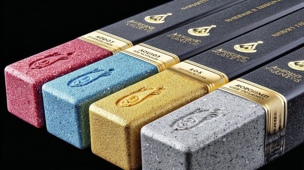 Four Textured Rectangular Objects in Red, Blue, Gold, and Silver Stock ...