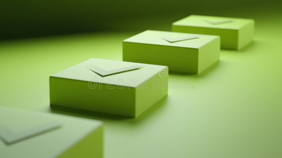 Four Three-dimensional Green Check Boxes Aligned on a Smooth Surface ...
