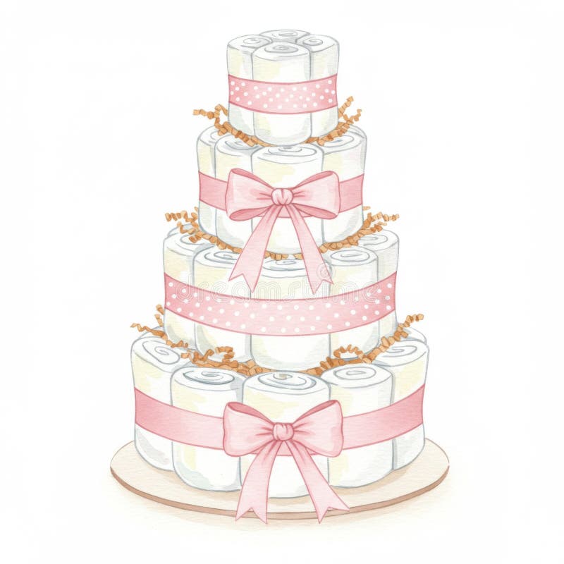 Four Tiered Diaper Cake with Pink Ribbons and Bows Stock Illustration ...