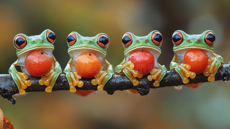 Four Tiny Frogs with Bright Red Fruit Stock Image - Image of colors ...