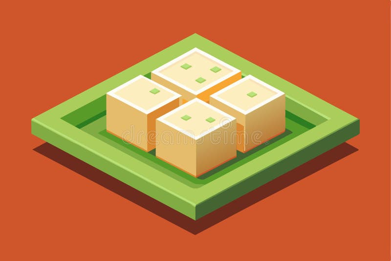 Four Tofu Cubes are Artfully Placed on a Vibrant Green Plate with a ...