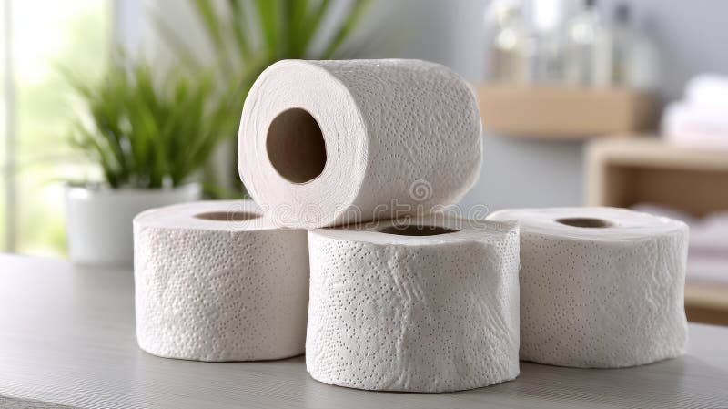 Four Toilet Paper Rolls Stacked in a Bathroom Setting. Stock Photo ...