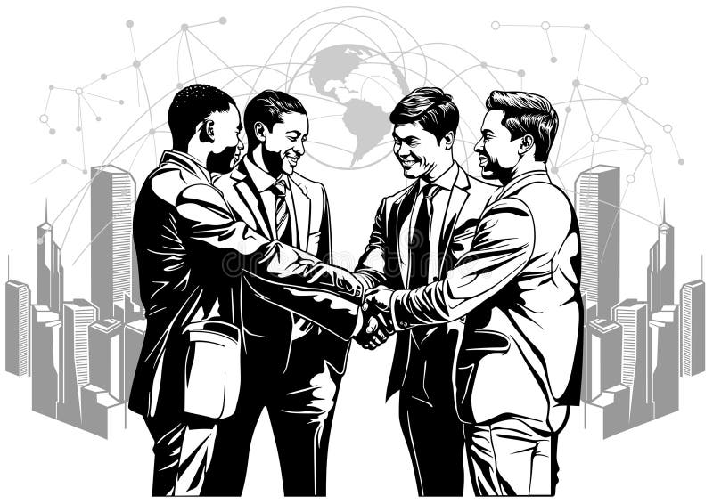 Four Traders Shake Hands stock vector. Illustration of drawing - 307690769