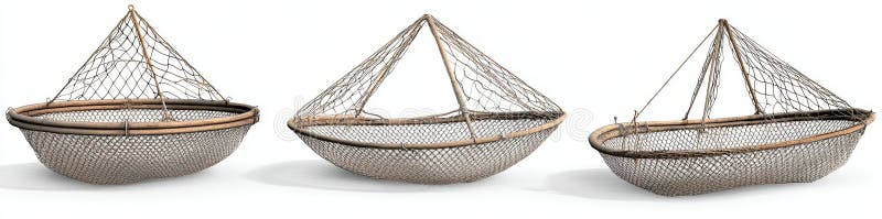 Four Traditional Fishing Nets Hang Alone on a Plain White Background ...